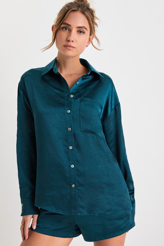 Teal Green PJ Set - Satin Pajama Set - Button-Up Pajama Set - Lulus