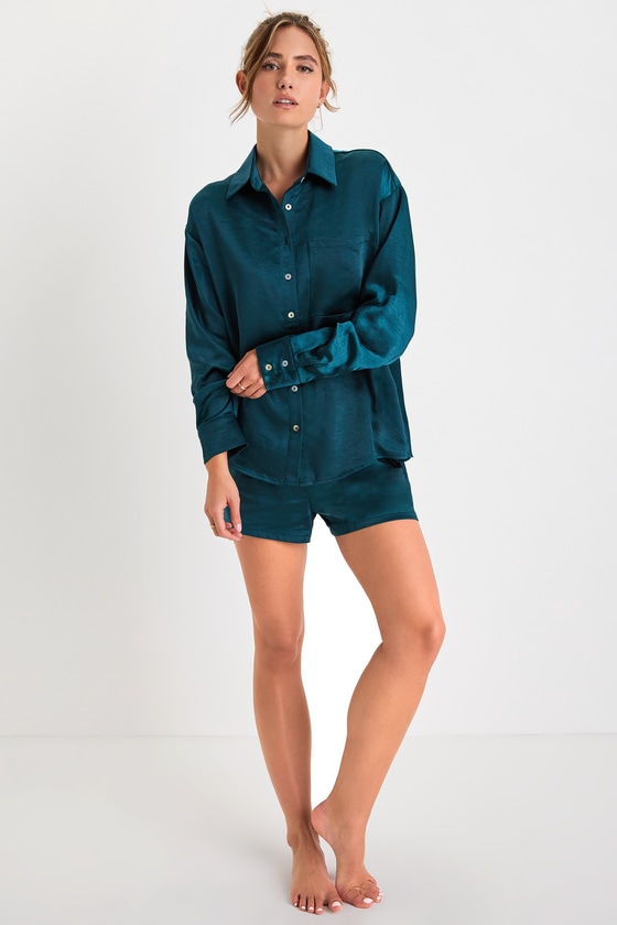 Teal Green PJ Set - Satin Pajama Set - Button-Up Pajama Set - Lulus