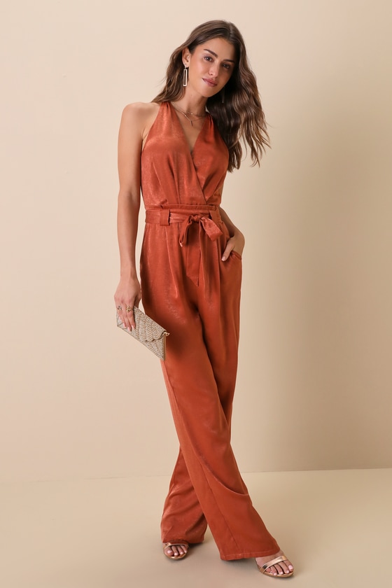 Rust Wide-Leg Jumpsuit - Satin Jumpsuit - Surplice Jumpsuit - Lulus