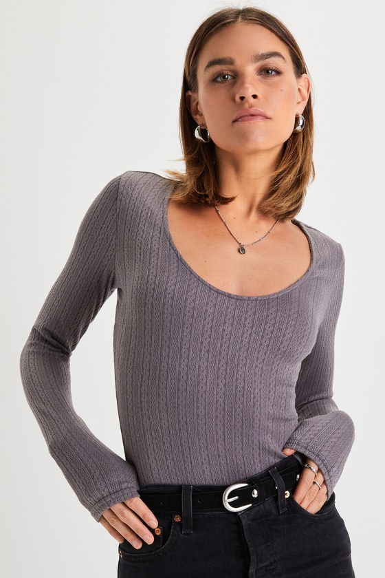 Grey Pointelle Knit Bodysuit - Long Sleeve Bodysuit - Grey Top - Lulus