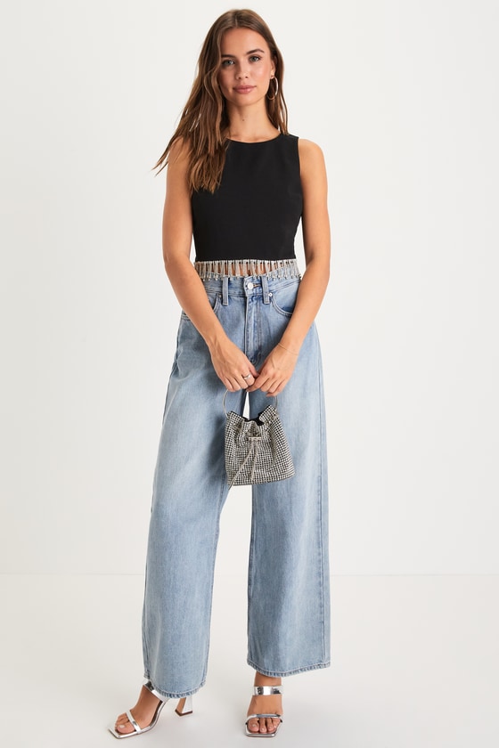 Black Cropped Tank Top - Rhinestone Fringe Top - Black Top - Lulus
