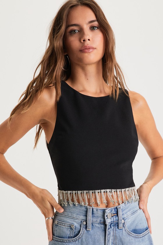 Black Cropped Tank Top - Rhinestone Fringe Top - Black Top - Lulus