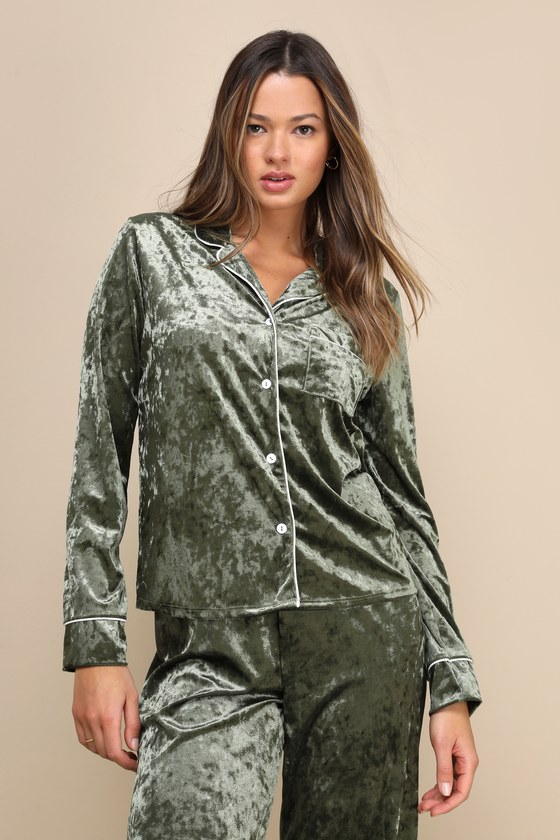 Olive Green PJ Set - Crushed Velvet PJ Set - Long Sleeve PJ Set - Lulus