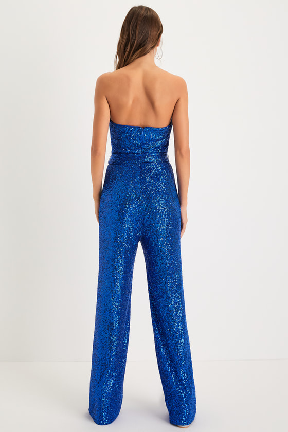 Sequin Jumpsuit Blue Strapless Jumpsuit Wide Leg Jumpsuit Lulus