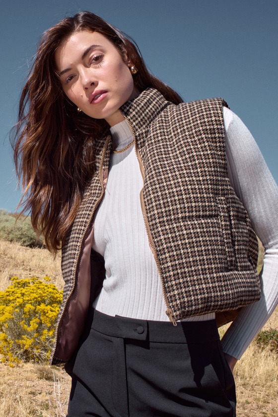 Cute Brown Vest - Houndstooth Vest - Cropped Puffer Vest - Lulus