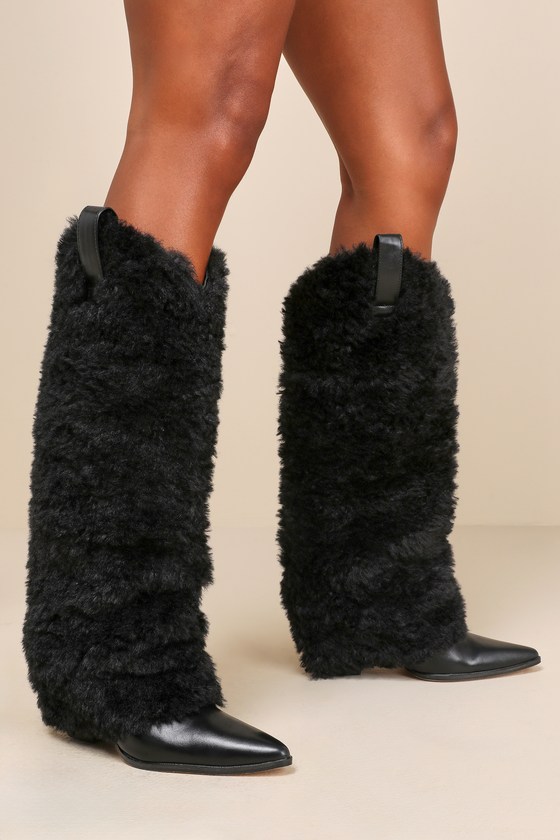 Black Knee-High Boots - Faux Faur Boots - Black Foldover Boots - Lulus