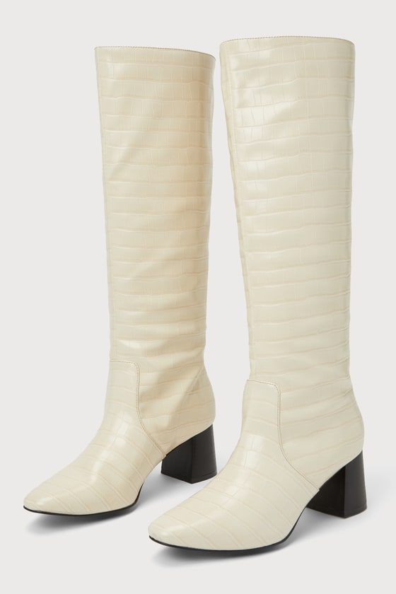 Bone Croc-Embossed Boots - Bone Knee-High Boots - Bone Boots - Lulus