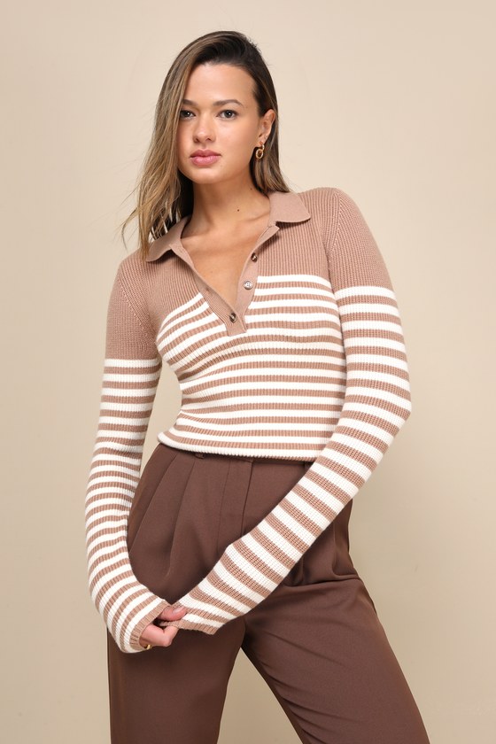 Brown Striped Sweater Top - Collared Sweater - Polo Sweater - Lulus