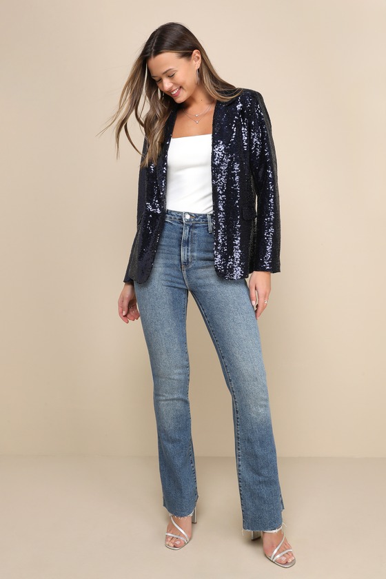 Navy Blue Sequin Blazer - Sequin Blazer - Collared Sequin Blazer - Lulus