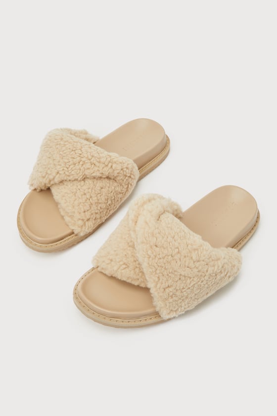 Billini Ramona Sandals - Cream Shearling Sandals - Slide Sandals - Lulus