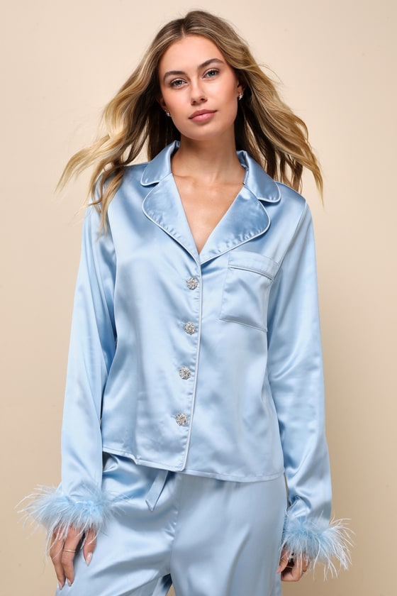 Light Blue Satin PJ Set - Feather-Trimmed PJ Set - Satin Pajamas - Lulus