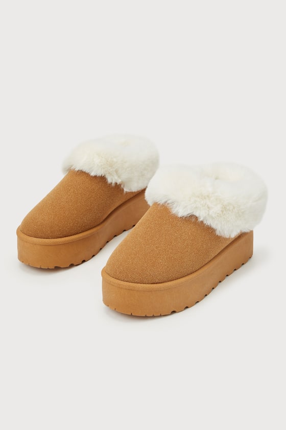 Chestnut Brown Slippers - Flatform Slippers - Faux Fur Slippers - Lulus