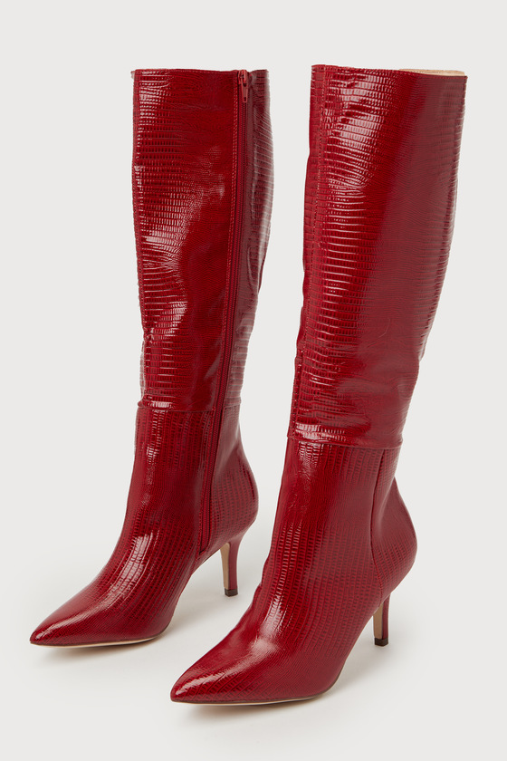 Red Knee-High Boots - Croc-Embossed Boots - Stiletto Boots - Lulus