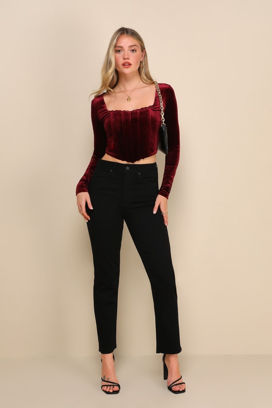 Burgundy Velvet Top - Bustier Top - Long Sleeve Crop Top - Lulus