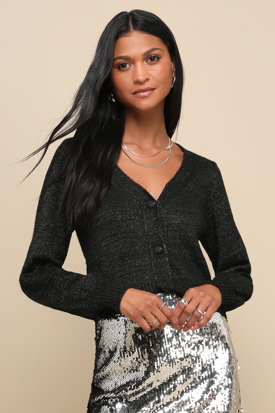 Black and Silver Cardi - Lurex Cardigan - Cropped Cardi Sweater - Lulus
