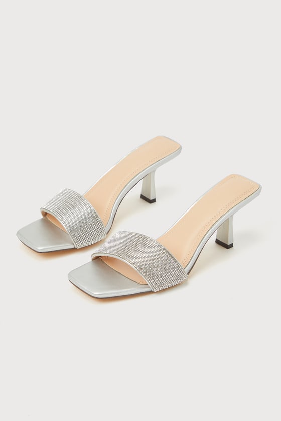 Silver Slide Sandals - Rhinestone Heels - Kitten Heel Sandals - Lulus