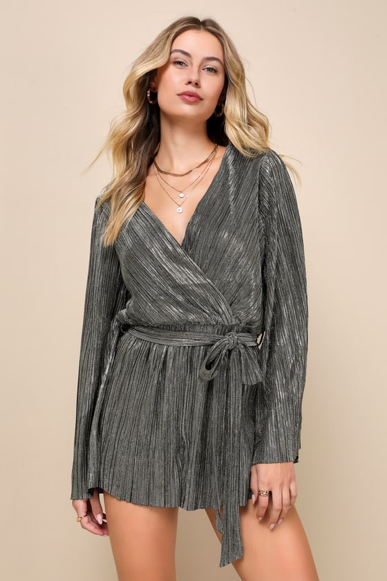 Metallic Gold Romper - Long Sleeve Romper - Shiny Surplice Romper - Lulus