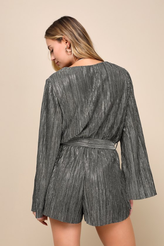 Metallic Gold Romper - Long Sleeve Romper - Shiny Surplice Romper - Lulus