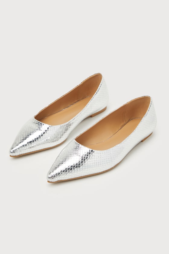 Silver Snake-Embossed Flats - Pointed-Toe Flats - Slip-On Flats - Lulus