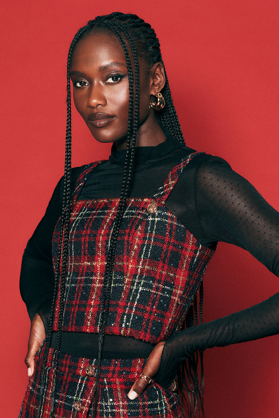 Navy Blue & Red Plaid Top - Tweed Top - Embellished Top - Lulus