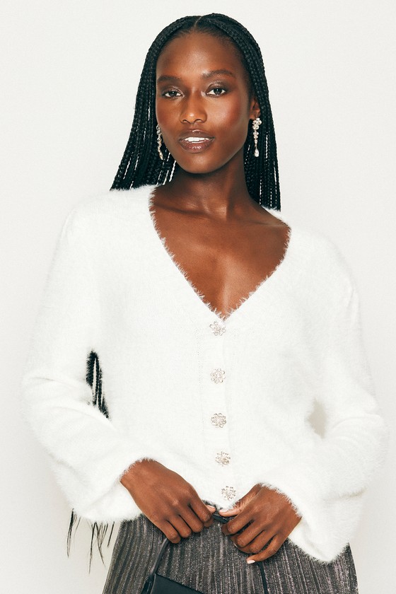 Ivory Cardigan Eyelash Knit Cardigan Rhinestone Cardigan Lulus