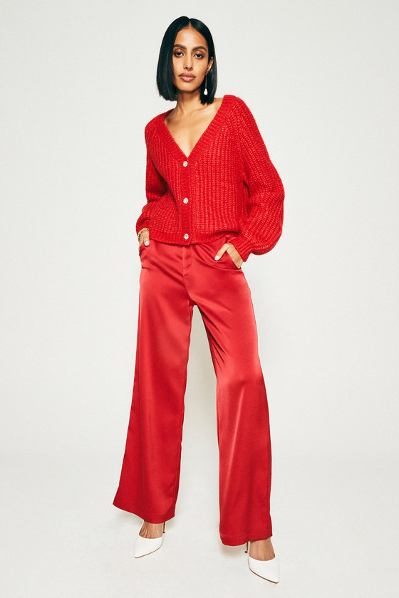 Red Satin Pants - Wide Leg Pants - High Waisted Satin Pants - Lulus