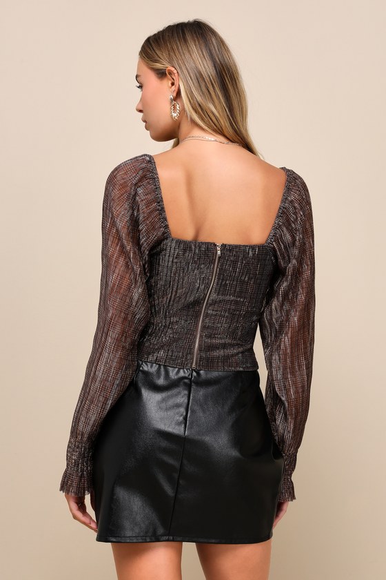 Brown Plaid Mesh Top - Lurex Ruched Top - Plisse Long Sleeve Top - Lulus