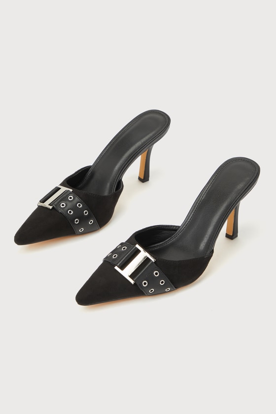 Black Suede Pumps - Pointed-Toe Mule Pumps - Belted Buckle Pumps - Lulus