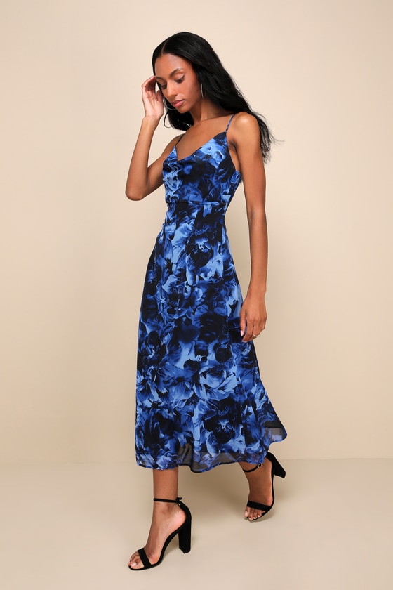 Blue Floral Midi Dress Chiffon Dress Cowl A Line Midi Dress Lulus