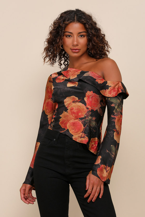 Black Floral Top - Satin Long Sleeve Top - Off-the-Shoulder Top - Lulus