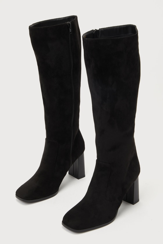 Black Suede High Heel Boots - Knee-High Boots - Square Toe Boots - Lulus