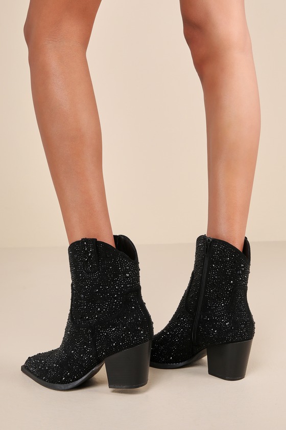 Black Ankle Boots - Black Rhinestone Boots - Faux Suede Boots - Lulus