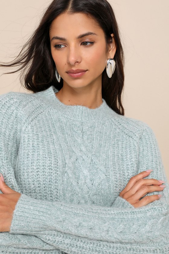 Sage Blue Sweater Cable Knit Sweater Cute Crew Neck Pullover Lulus