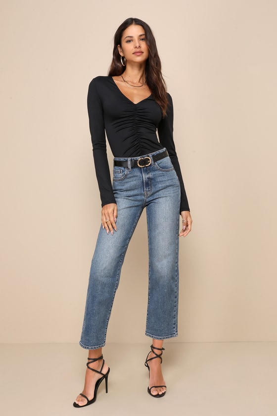 Black Jersey Knit Top - Cute Ruched Top - Long Sleeve V-Neck Top - Lulus