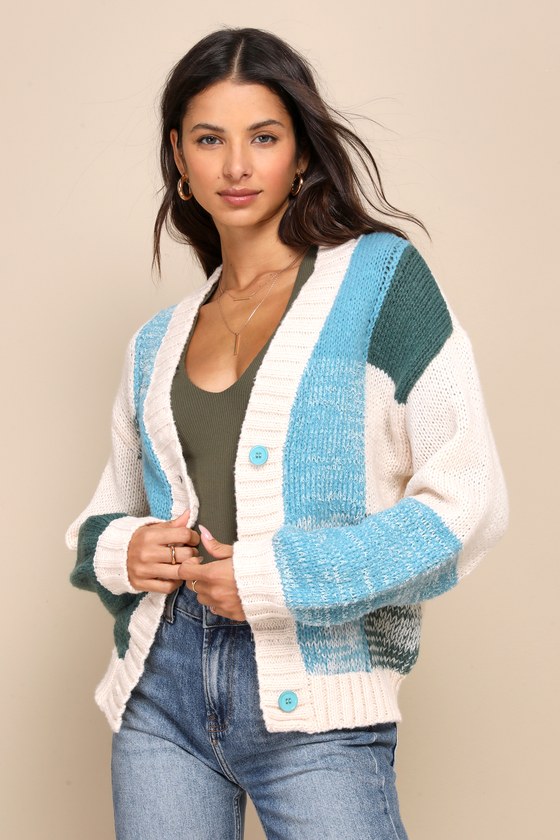 Ivory Color Block Cardi - Balloon Sleeve Cardigan - Cute Sweater - Lulus