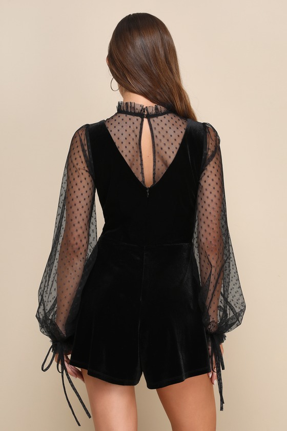 Black Velvet Romper - Mesh Swiss Dot Romper - Mock Neck Romper - Lulus