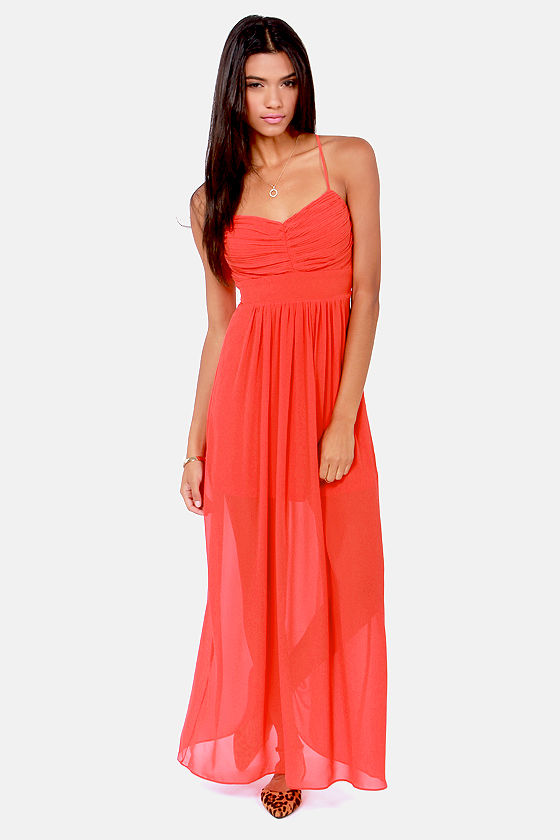 Pretty Coral Red Dress Maxi Dress Pleated Dress 58 00 Lulus
