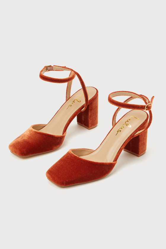 Rust Velvet Heels - Square Toe Pumps - Ankle Strap Heels - Lulus