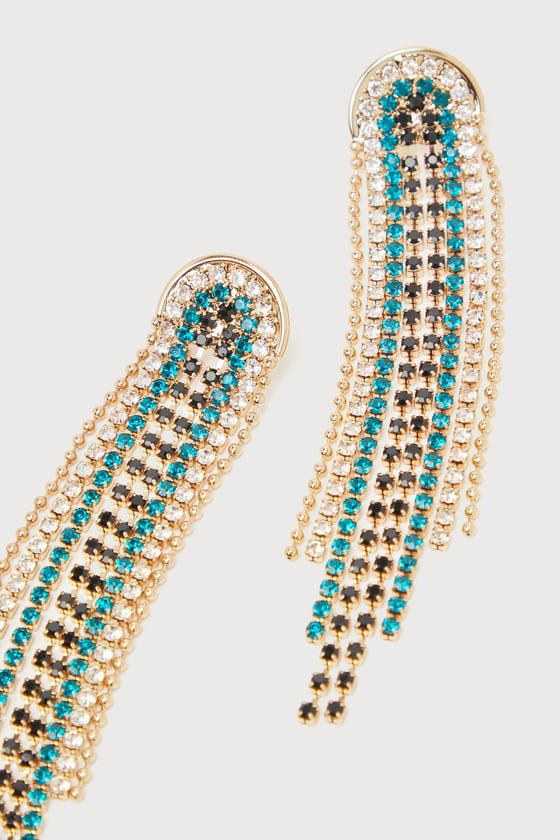 Gold and Teal Earrings - Rhinestone Earrings - Fringe Earrings - Lulus