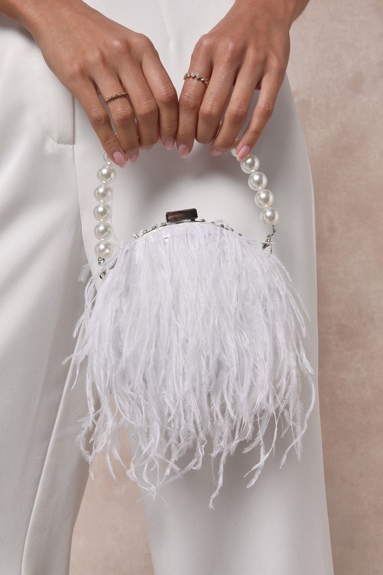 White Feather Clutch - Pearl Top Handle Clutch - White Clutch - Lulus