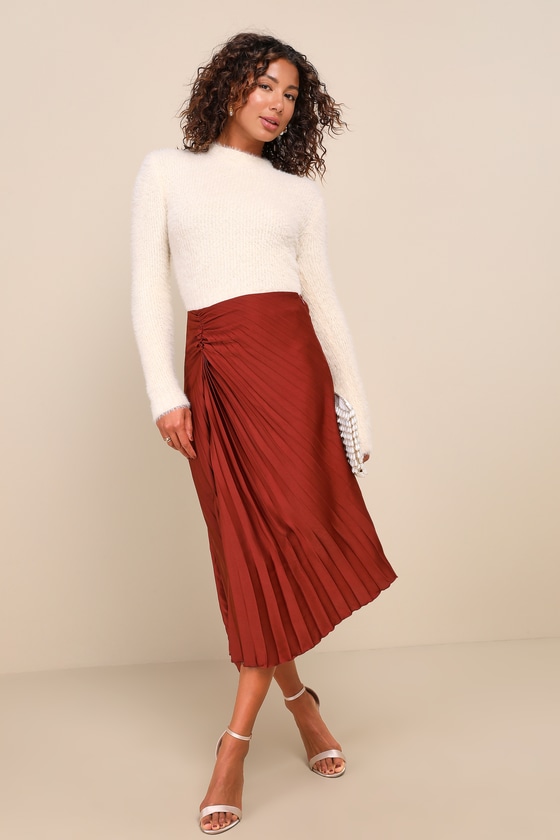 Rust Skirt - Pleated Ruched Skirt - Asymmetrical Midi Skirt - Lulus