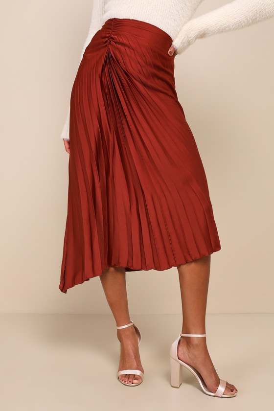 Rust Skirt - Pleated Ruched Skirt - Asymmetrical Midi Skirt - Lulus