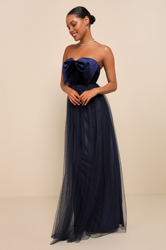 Navy Velvet Dress - Tulle Maxi Dress - Strapless Bow Dress - Lulus