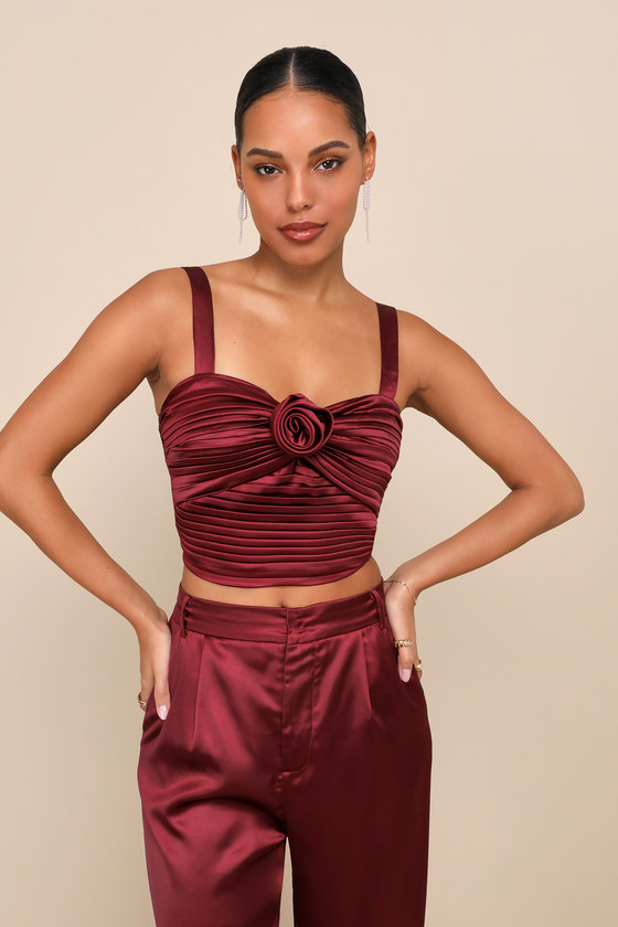 Burgundy Satin Top - Pleated Satin Top - Satin Rosette Top - Lulus