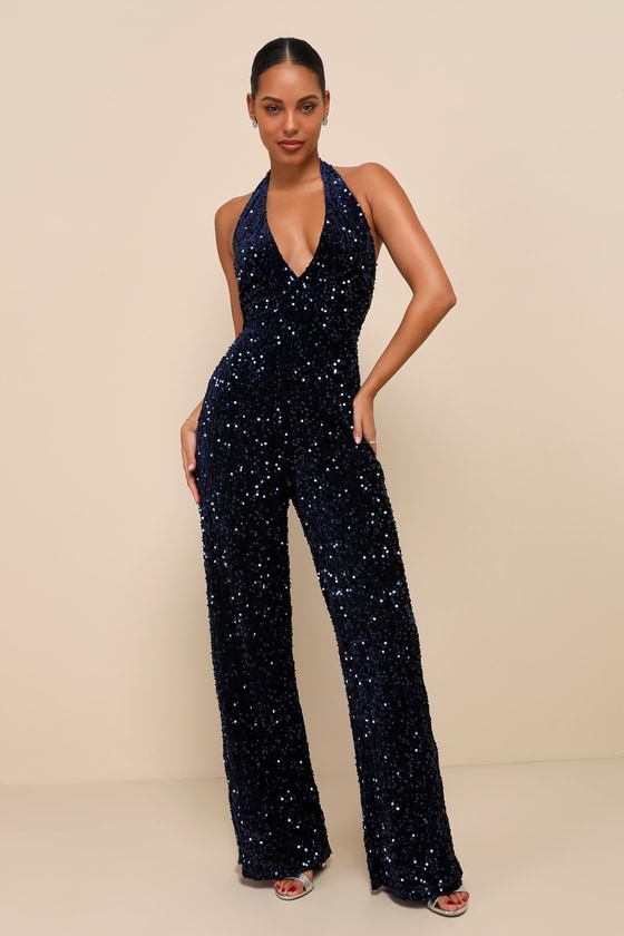 Navy Blue Jumpsuit - Velvet Sequin Jumpsuit - Halter Jumpsuit - Lulus