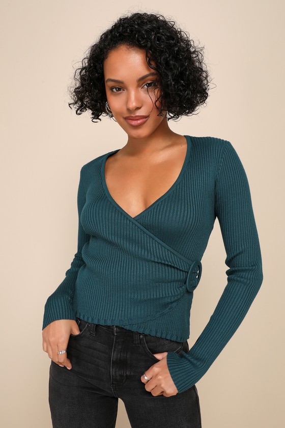 Teal Sweater Top - Teal Faux-Wrap Top - Ribbed Knit Sweater Top - Lulus