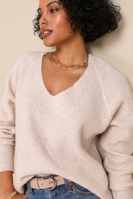 Cream Sweater - Long Sleeve Sweater - Soft V-Neck Sweater - Lulus