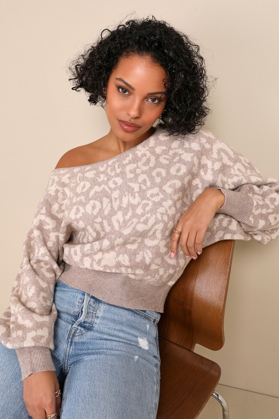 Taupe Off-the-Shoulder Sweater - Leopard Print Sweater - Sweater - Lulus