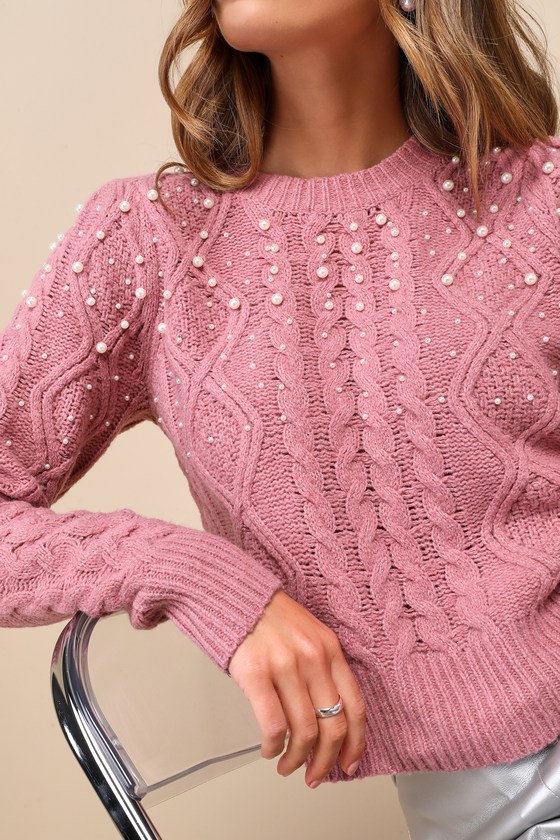 Mauve Sweater - Pearl Embellished Sweater- Cable Knit Sweater - Lulus