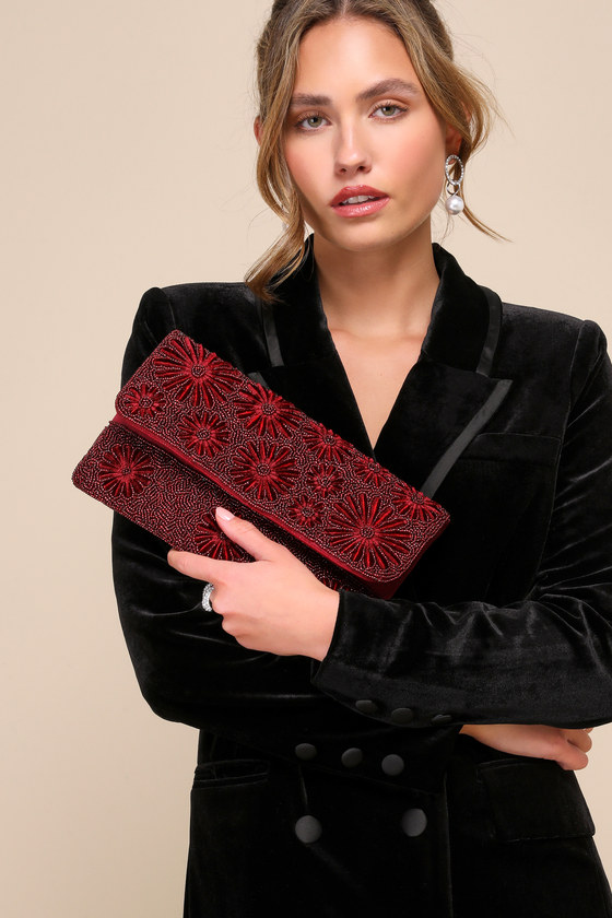 Wine Red Clutch - Beaded Floral Clutch - Red Floral Clutch - Lulus